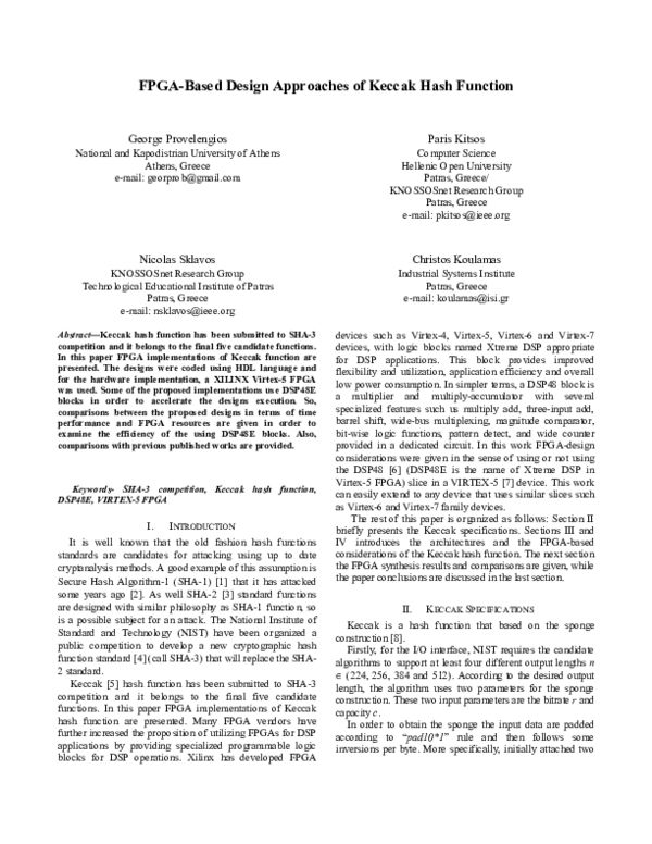 (PDF) FPGA-based Design Approaches of Keccak Hash Function | Christos Koulamas - Academia.edu