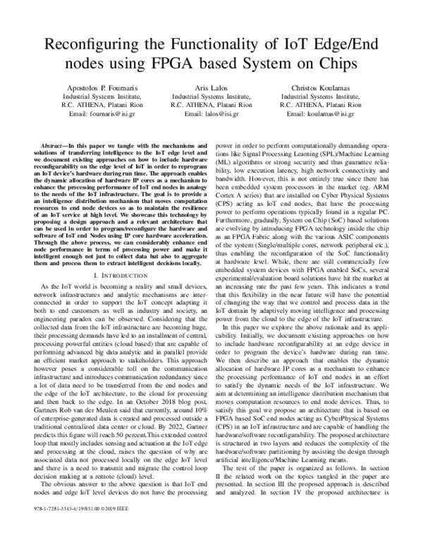 Pdf Reconfiguring The Functionality Of Iot Edgeend Nodes Using Fpga Based System On Chips