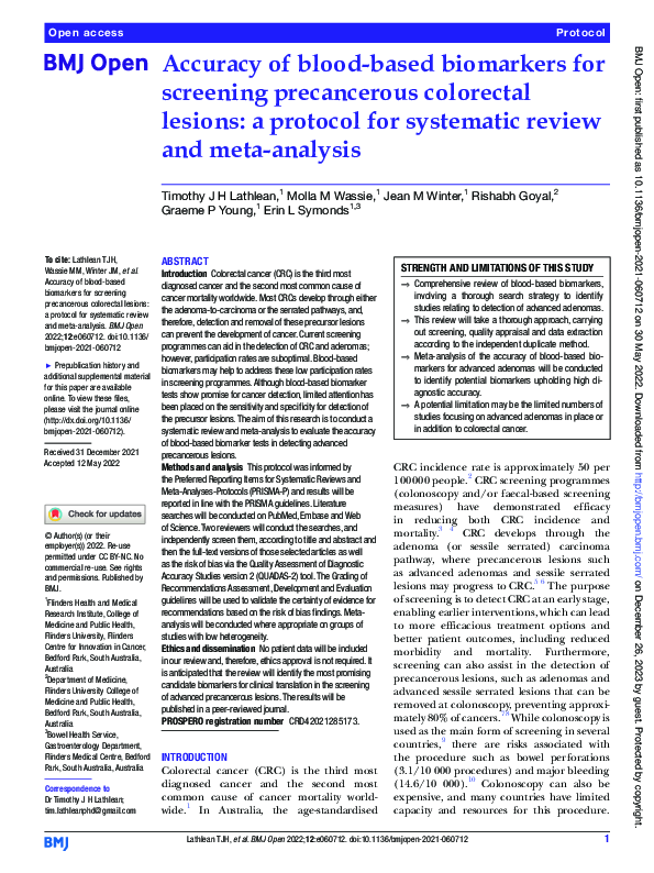 (PDF) Accuracy of blood-based biomarkers for screening precancerous ...