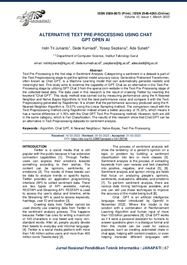 (PDF) Alternative Text Pre-Processing using Chat GPT Open AI