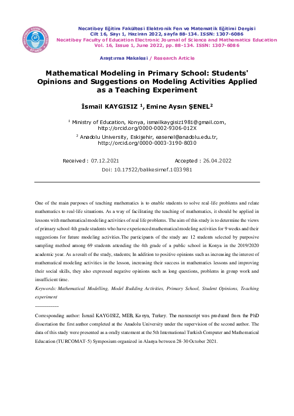 (PDF) Mathematical Modeling in Primary School: Students' Opinions and ...
