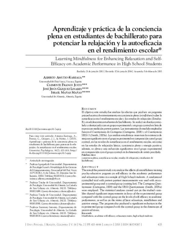 (PDF) Aprendizaje y práctica de la conciencia plena en estudiantes de ...