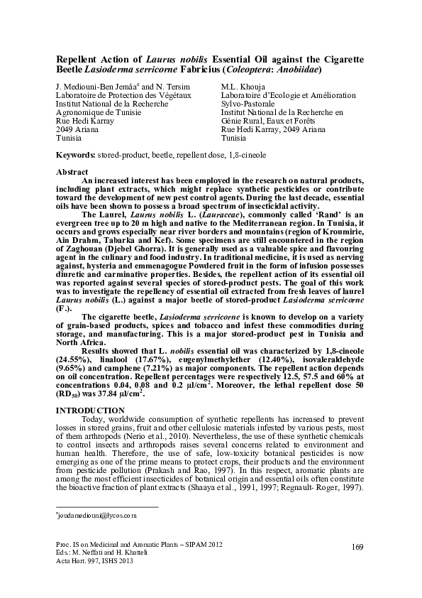 (PDF) Repellent Action of Laurus Nobilis Essential Oil Against the ...