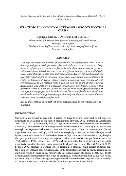 (PDF) Strategic planning in Gauteng grassroots football clubs