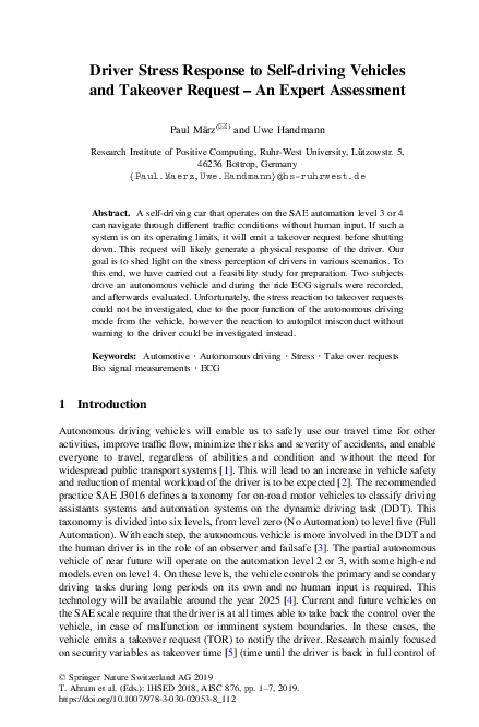 (PDF) Driver Stress Response to Self-driving Vehicles and Takeover ...