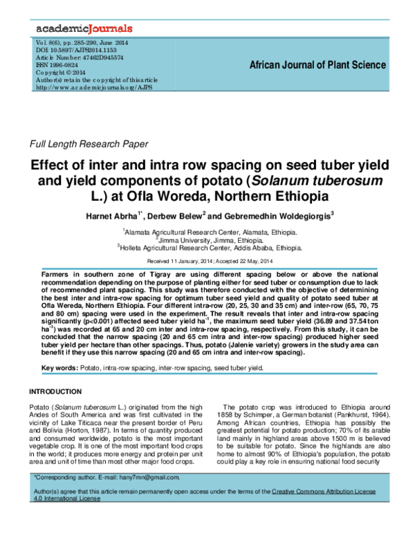 (PDF) Effect of inter and intra row spacing on seed tuber yield and ...