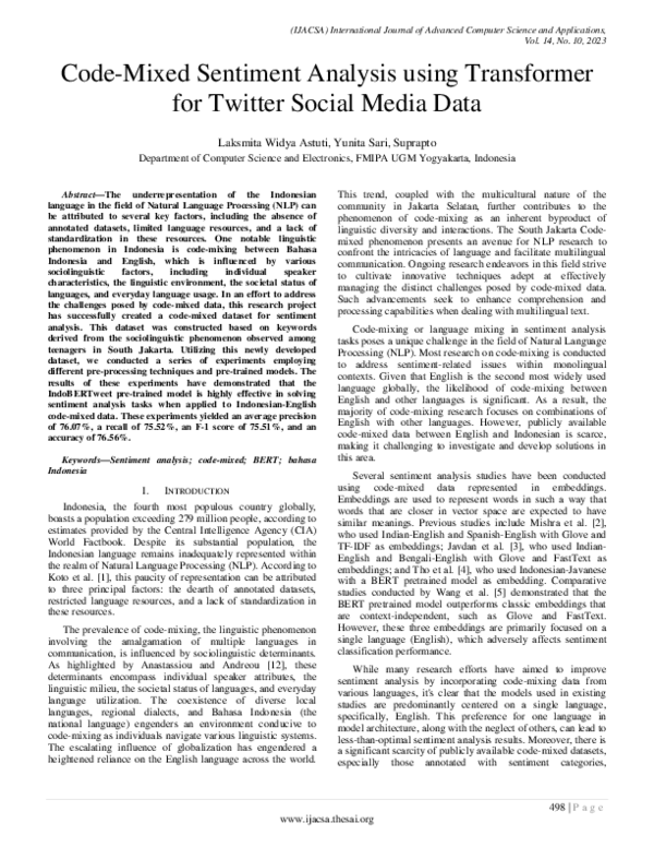 Pdf Code Mixed Sentiment Analysis Using Transformer For Twitter Social Media Data 