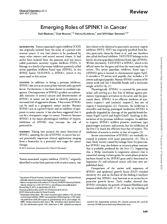 (PDF) Emerging Roles of SPINK1 in Cancer