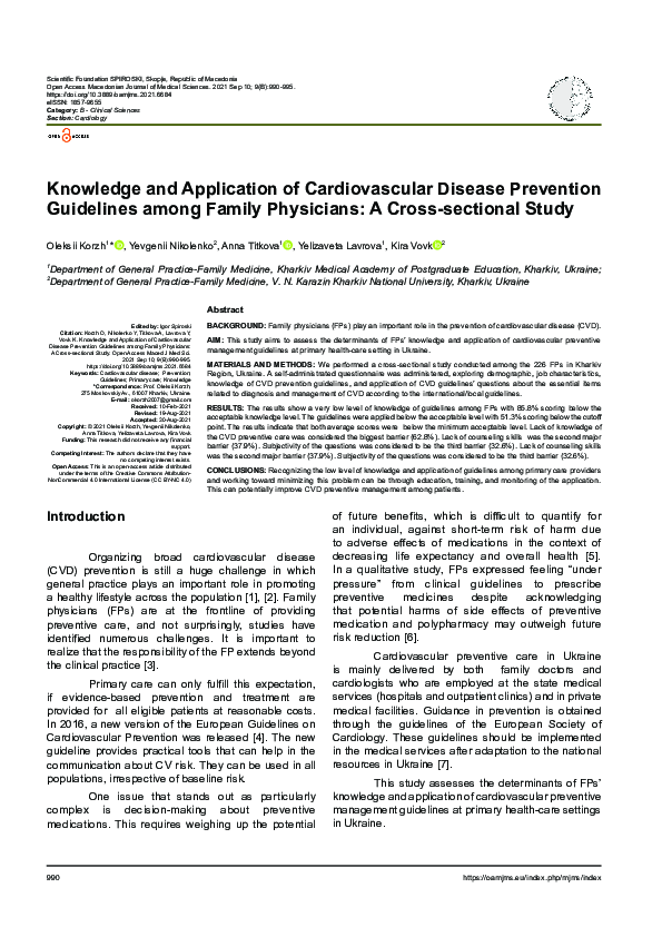 (PDF) Knowledge and Application of Cardiovascular Disease Prevention Guidelines among Family ...