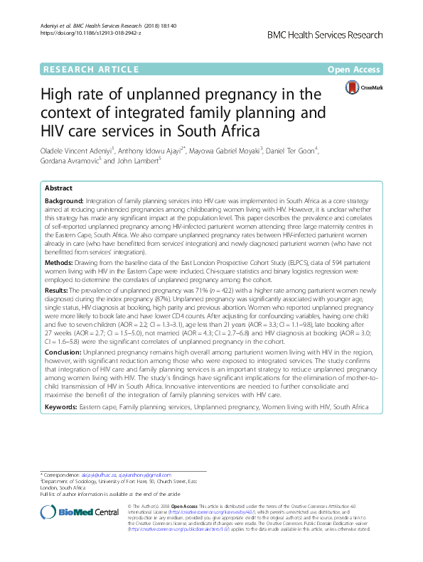 (PDF) High rate of unplanned pregnancy in the context of integrated ...