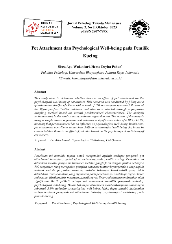 (PDF) Pet Attachment dan Psychological Well-being pada Pemilik Kucing
