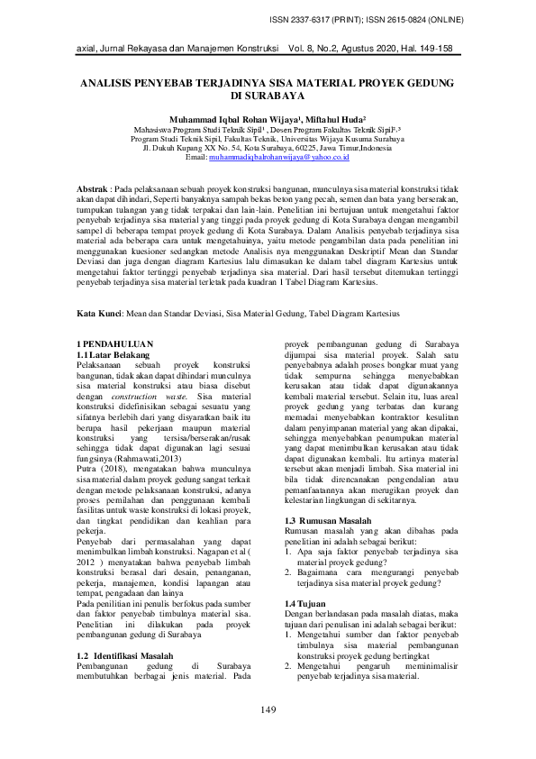 (PDF) Analisis Penyebab Terjadinya Sisa Material Proyek Gedung DI Surabaya