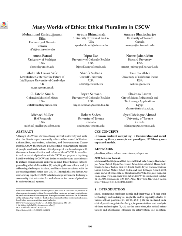 (PDF) Many Worlds of Ethics: Ethical Pluralism in CSCW