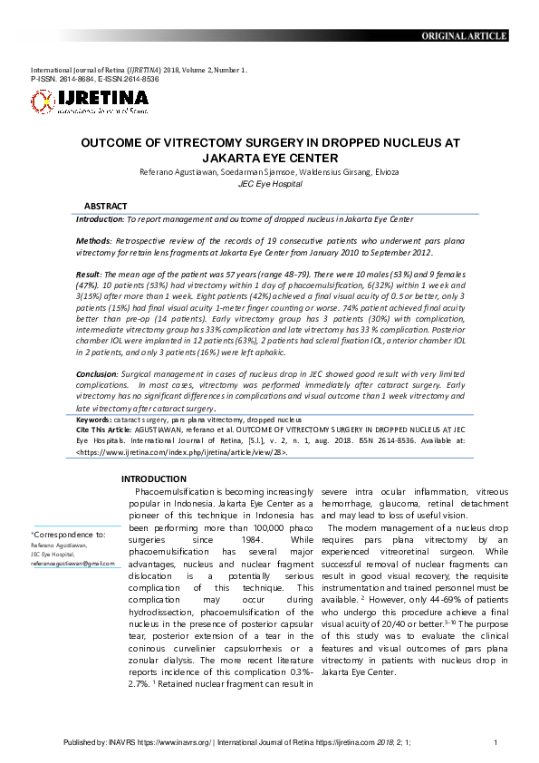 (PDF) Outcome of Vitrectomy Surgery in Dropped Nucleus at Jakarta Eye Center | Waldensius ...