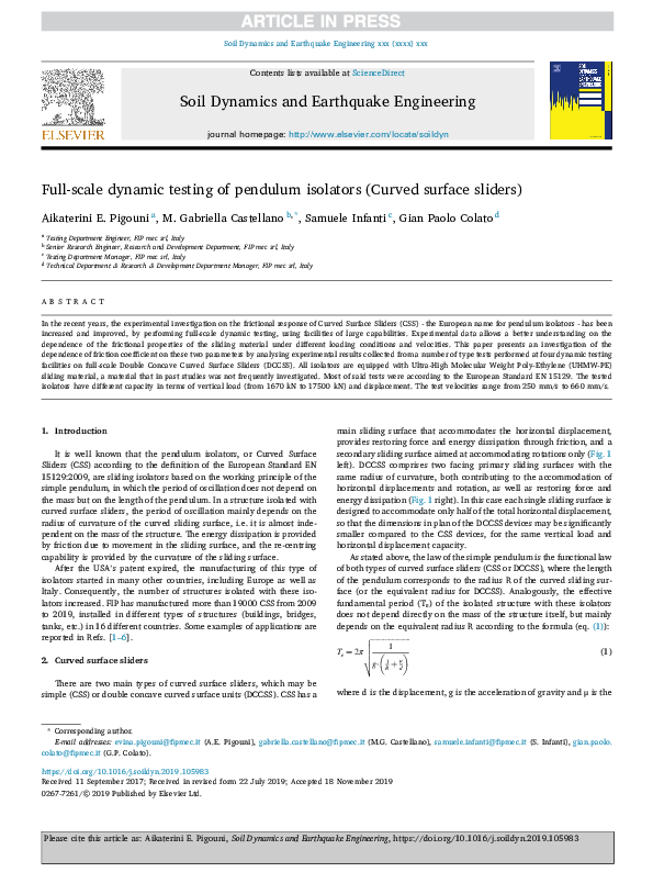 (PDF) Full-scale dynamic testing of pendulum isolators (Curved surface ...