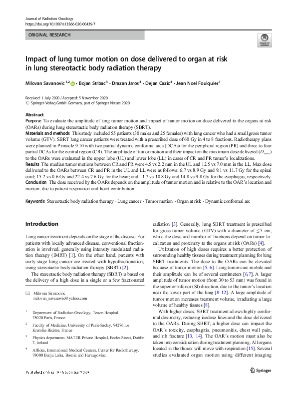 (PDF) Impact of lung tumor motion on dose delivered to organ at risk in ...