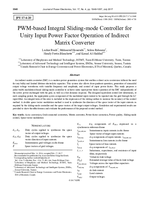 (PDF) PWM Modulation Technique of Three-Phase Indirect Matrix Converter