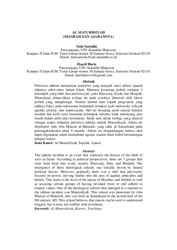 (PDF) AL MATURIDIYAH (SEJARAH DAN AJARANNYA