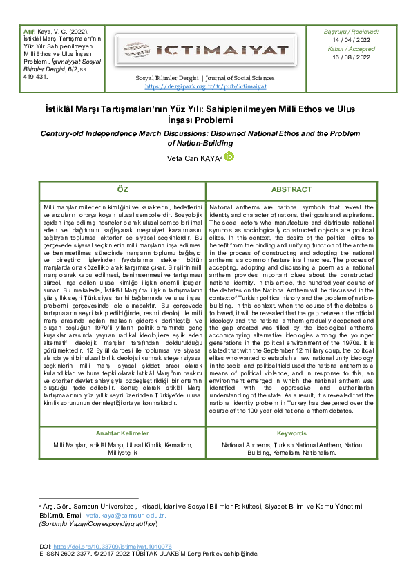 (PDF) İstiklâl Marşı Tartışmalarının Yüz Yılı: Sahiplenilmeyen Milli Ethos ve Ulus İnşası Problemi