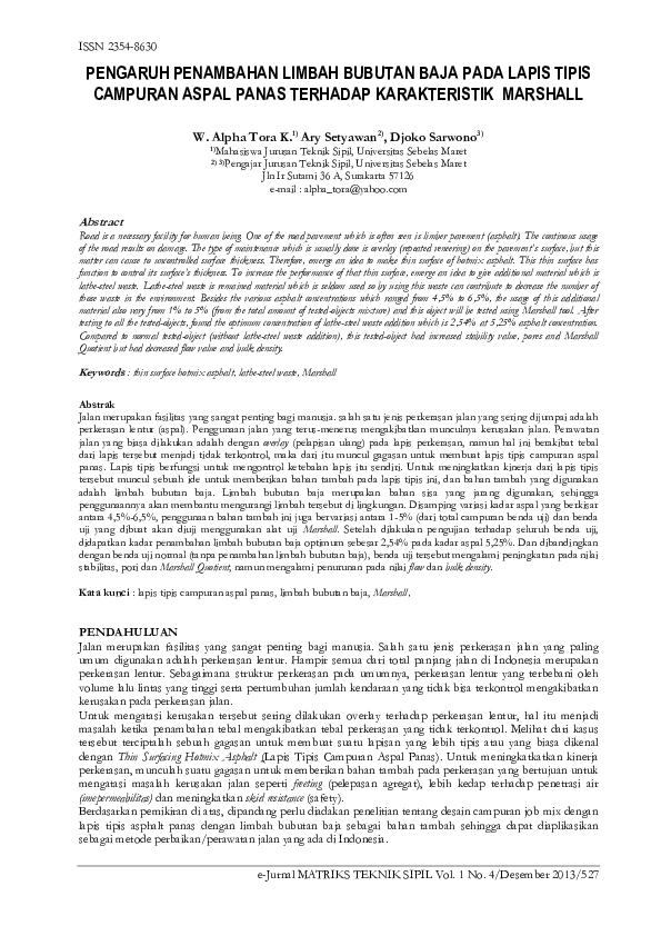 (PDF) Pengaruh Penambahan Limbah Bubutan Baja Pada Lapis Tipis Campuran Aspal Panas Terhadap ...