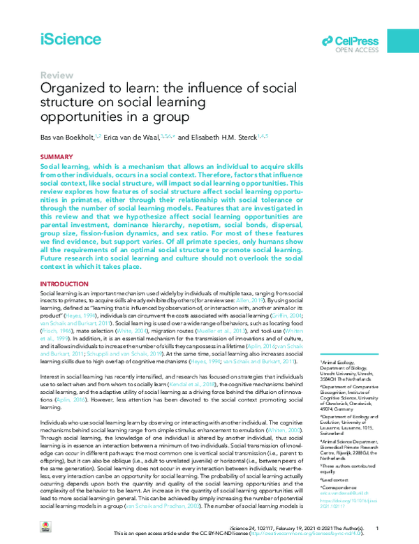 (PDF) Organized to learn: the influence of social structure on social learning opportunities in ...