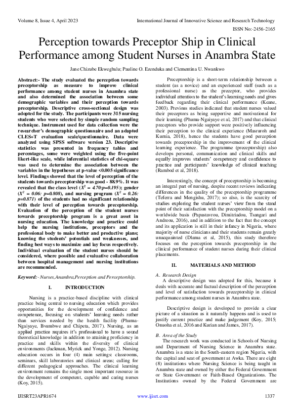 (PDF) Perception towards Preceptor Ship in Clinical Performance among Student Nurses in Anambra ...