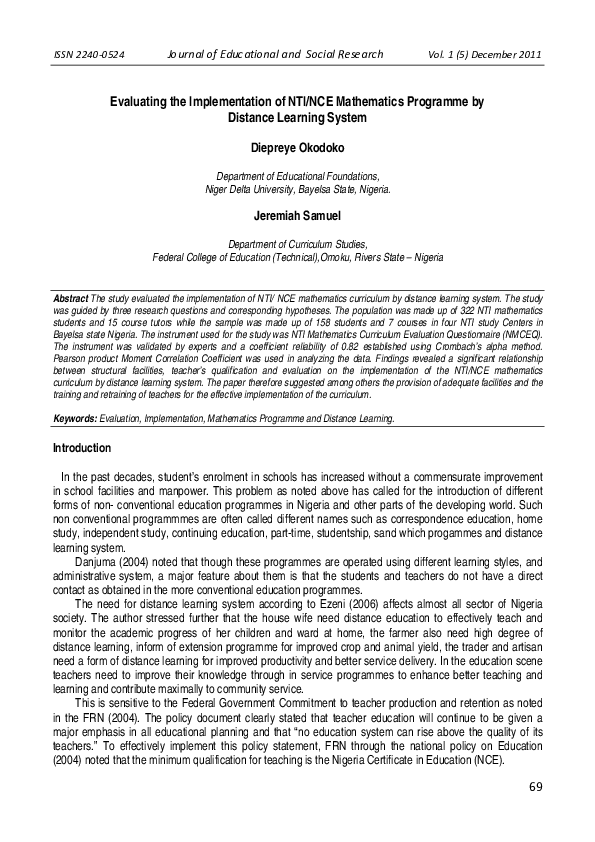 (PDF) Evaluating the Implementation of NTI/NCE Mathematics Programme by Distance Learning System