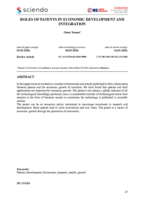 (PDF) Roles of Patents in Economic Development and Integration