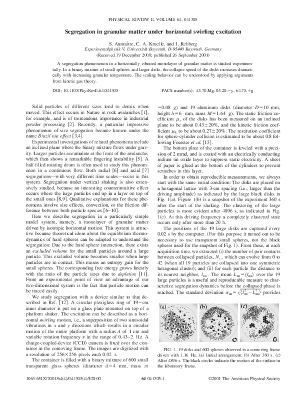 (PDF) Segregation in granular matter under horizontal swirling excitation