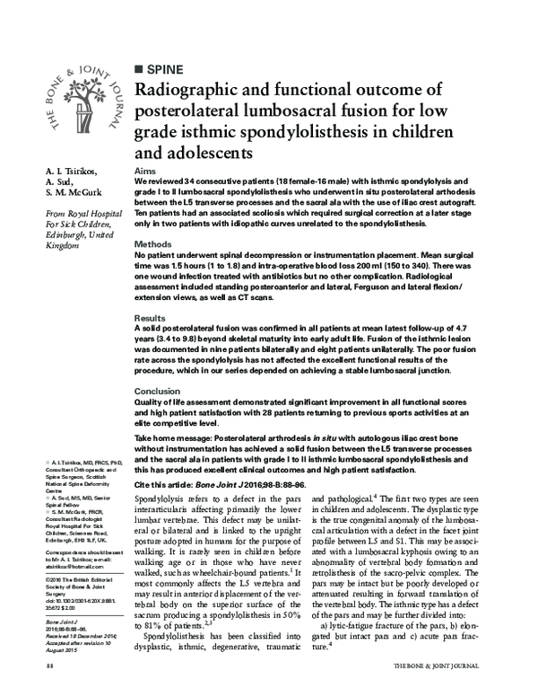 (PDF) Radiographic and functional outcome of posterolateral lumbosacral ...