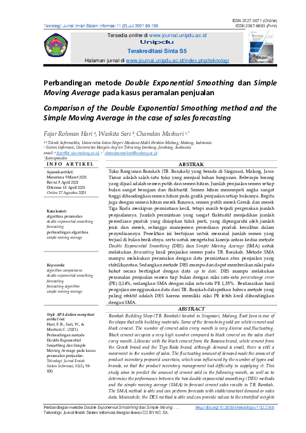 (PDF) Perbandingan metode Double Exponential Smoothing dan Simple ...