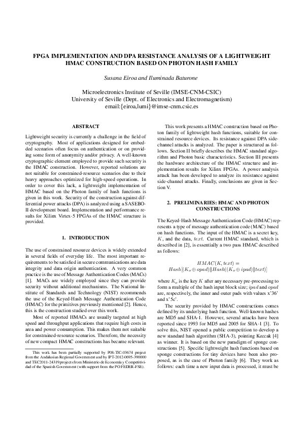 (PDF) FPGA implementation and DPA resistance analysis of a lightweight HMAC construction based ...