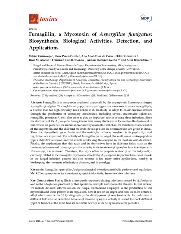 (PDF) Fumagillin, a Mycotoxin of Aspergillus fumigatus: Biosynthesis ...