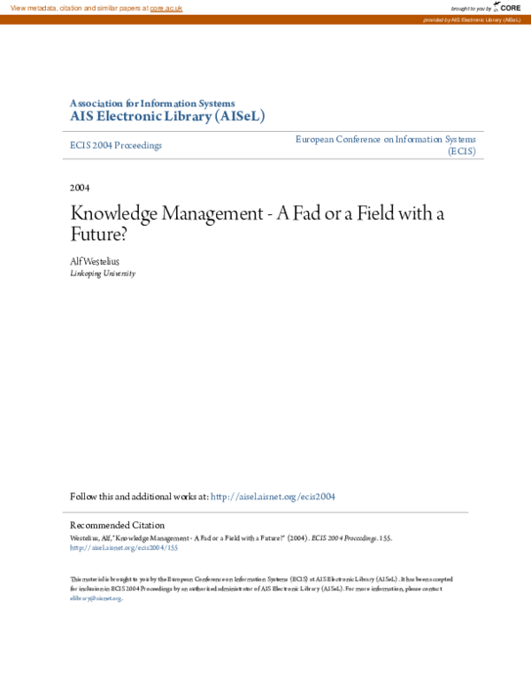 (PDF) Panel: Knowledge management - a fad or a field with a future?