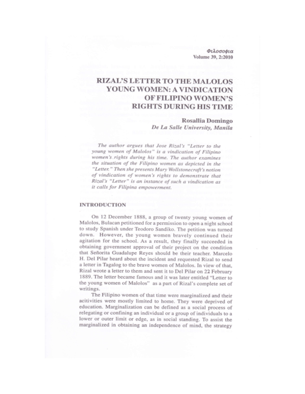 (PDF) Rizal's letter to the Malolos young women: A vindication of ...