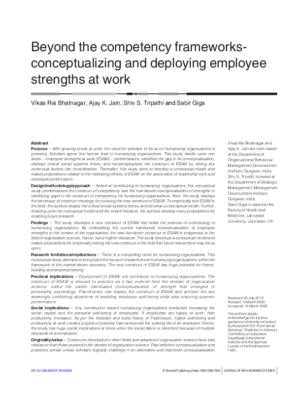 (PDF) Beyond the competency frameworks-conceptualizing and deploying employee strengths at work