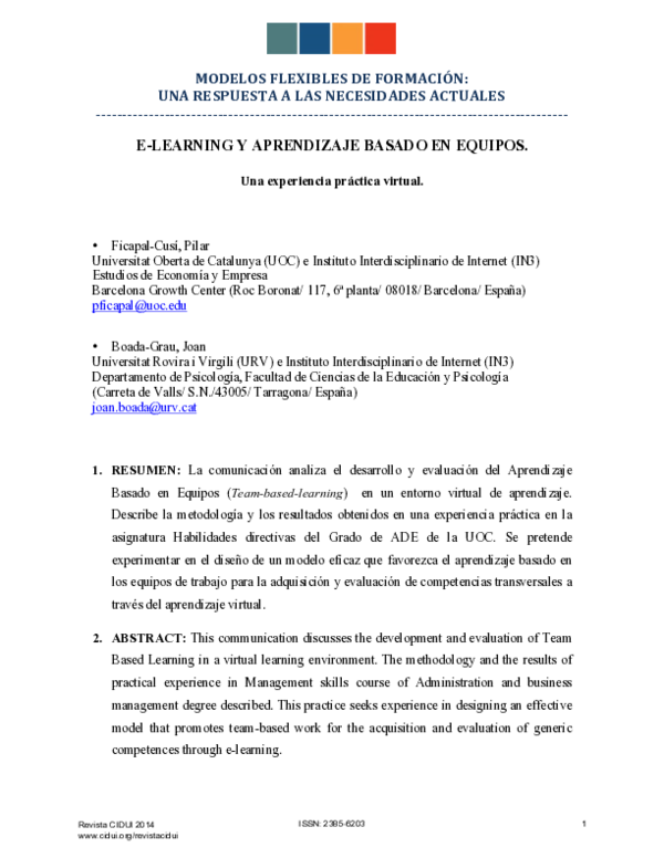 (PDF) E-learning y aprendizaje basado en equipos. Una experiencia práctica virtual