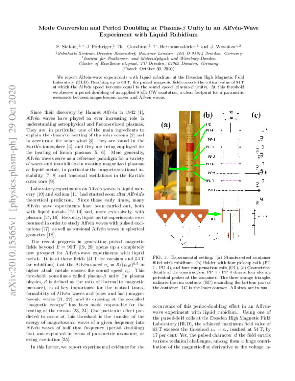(PDF) Mode Conversion and Period Doubling at Plasma-$\beta$ Unity in an Alfv\'en-Wave Experiment ...