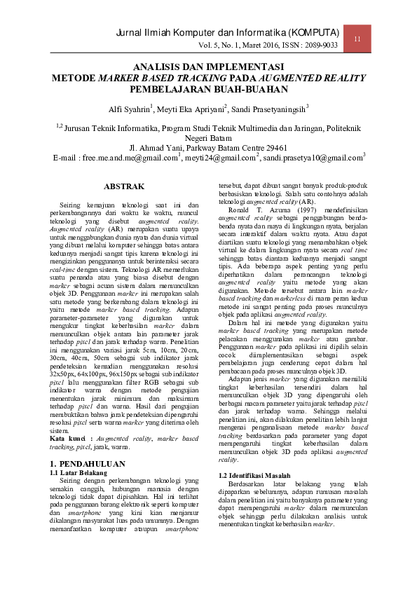 (PDF) Analisis Dan Implementasi Metode Marker Based Tracking Pada ...