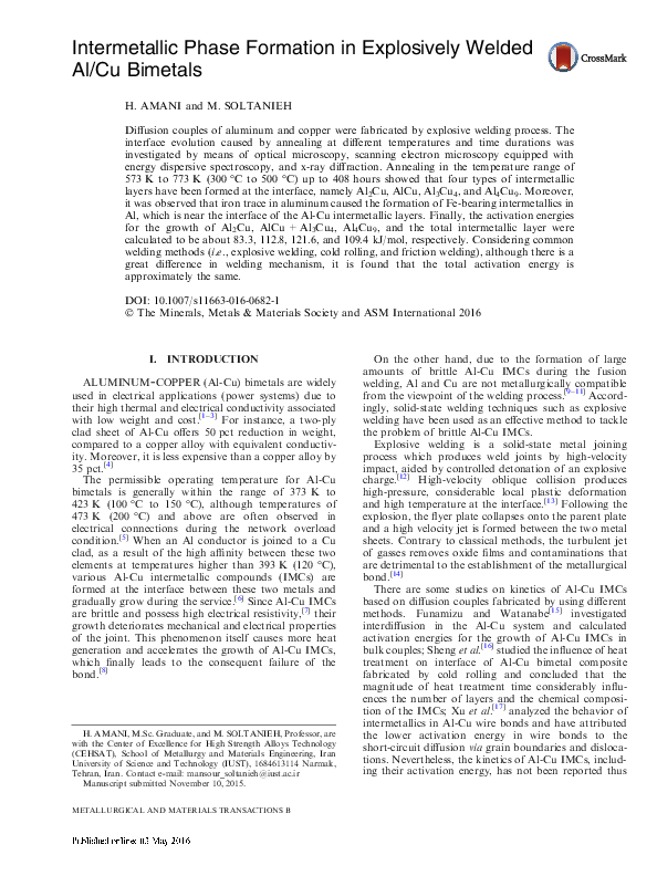 (PDF) Intermetallic Phase Formation in Explosively Welded Al/Cu Bimetals