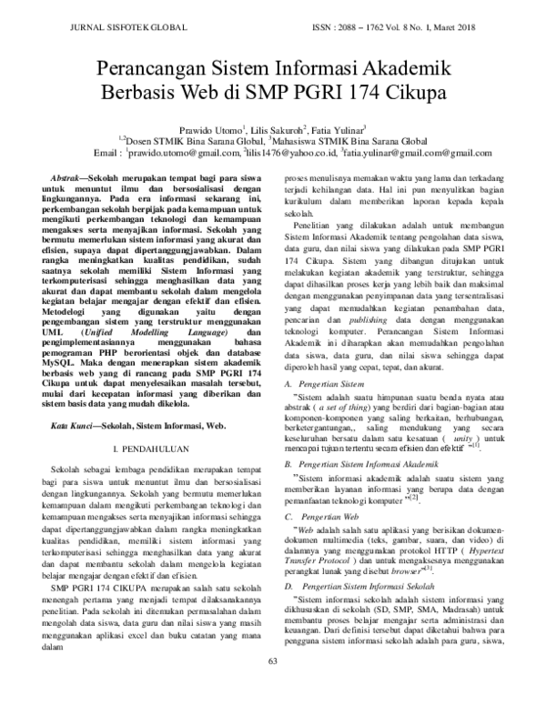 (PDF) Perancangan Sistem Informasi Akademik Berbasis Web di SMP PGRI 174 Cikupa