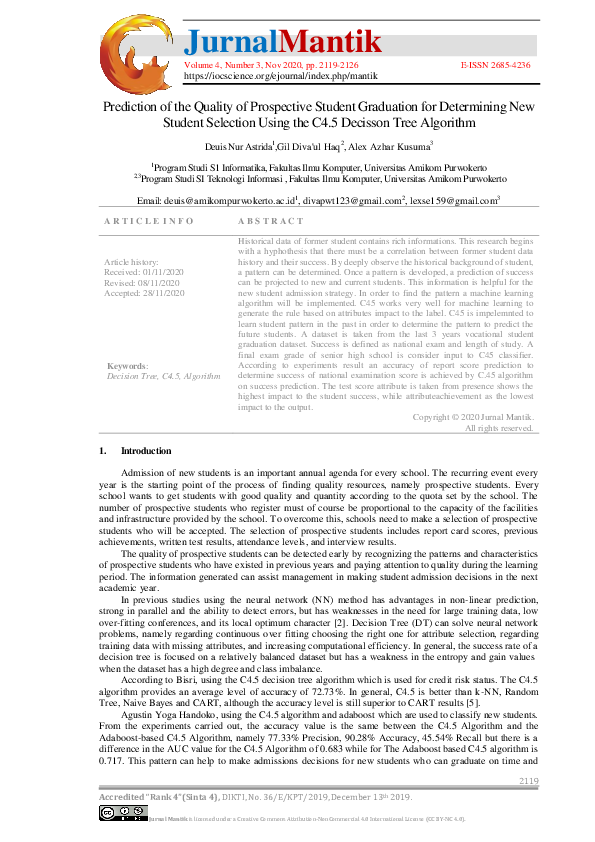 (PDF) Prediction of the Quality of Prospective Student Graduation for Determining New Student ...