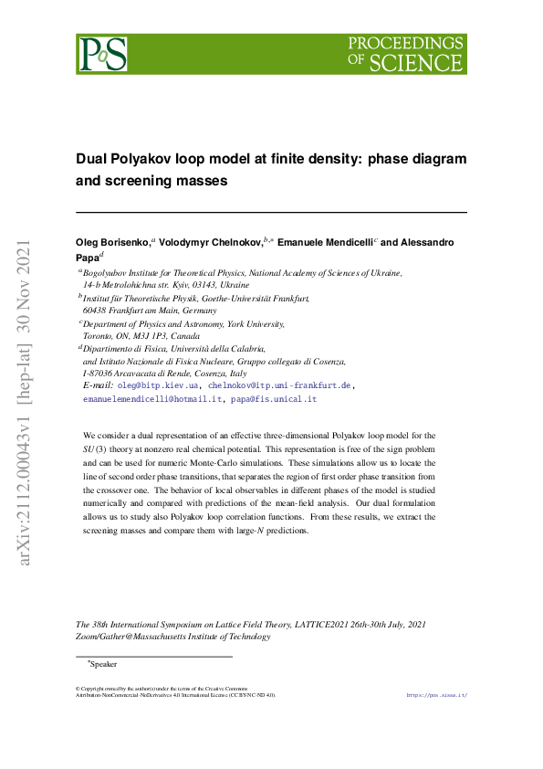 (PDF) Dual Polyakov loop model at finite density: phase diagram and screening masses