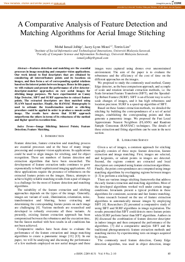(PDF) A Comparative Analysis of Feature Detection and Matching Algorithms for Aerial Image Stitching
