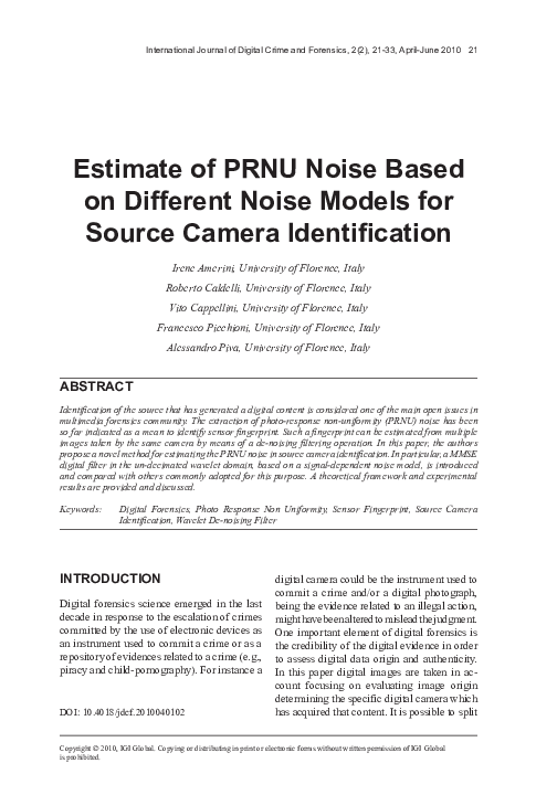 (PDF) Estimate of PRNU Noise Based on Different Noise Models for Source Camera Identification