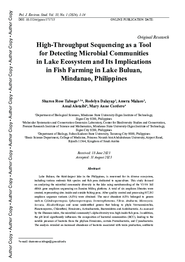 (PDF) High-Throughput Sequencing as a Tool for Detecting Microbial Communities in Lake Ecosystem ...