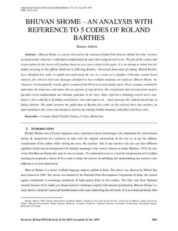 (PDF) Bhuvan Shome-An analysis with reference to 5 codes of Ronald Barthes