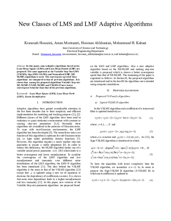 (PDF) New Classes of LMS and LMF Adaptive Algorithms