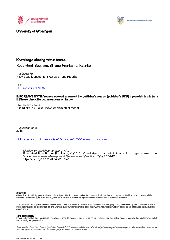 (PDF) Knowledge sharing within teams: enabling and constraining factors