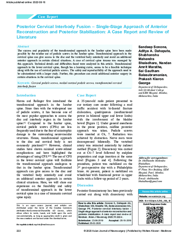 (PDF) Posterior cervical interbody fusion – Single-stage approach of ...